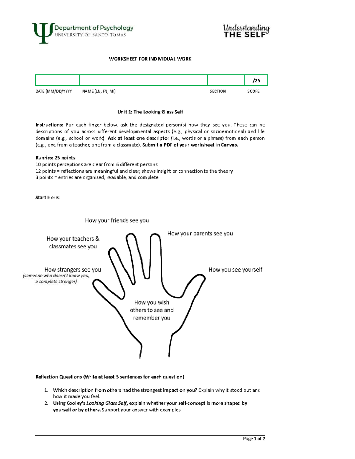 UND SELF - Worksheet for The Looking Glass Self Reflection - Studocu