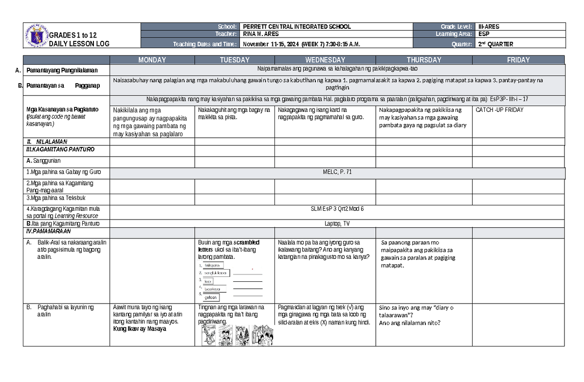 Lesson Plan for Grade 3 - ESP (Week 7, Nov 11-15, 2024) - Studocu