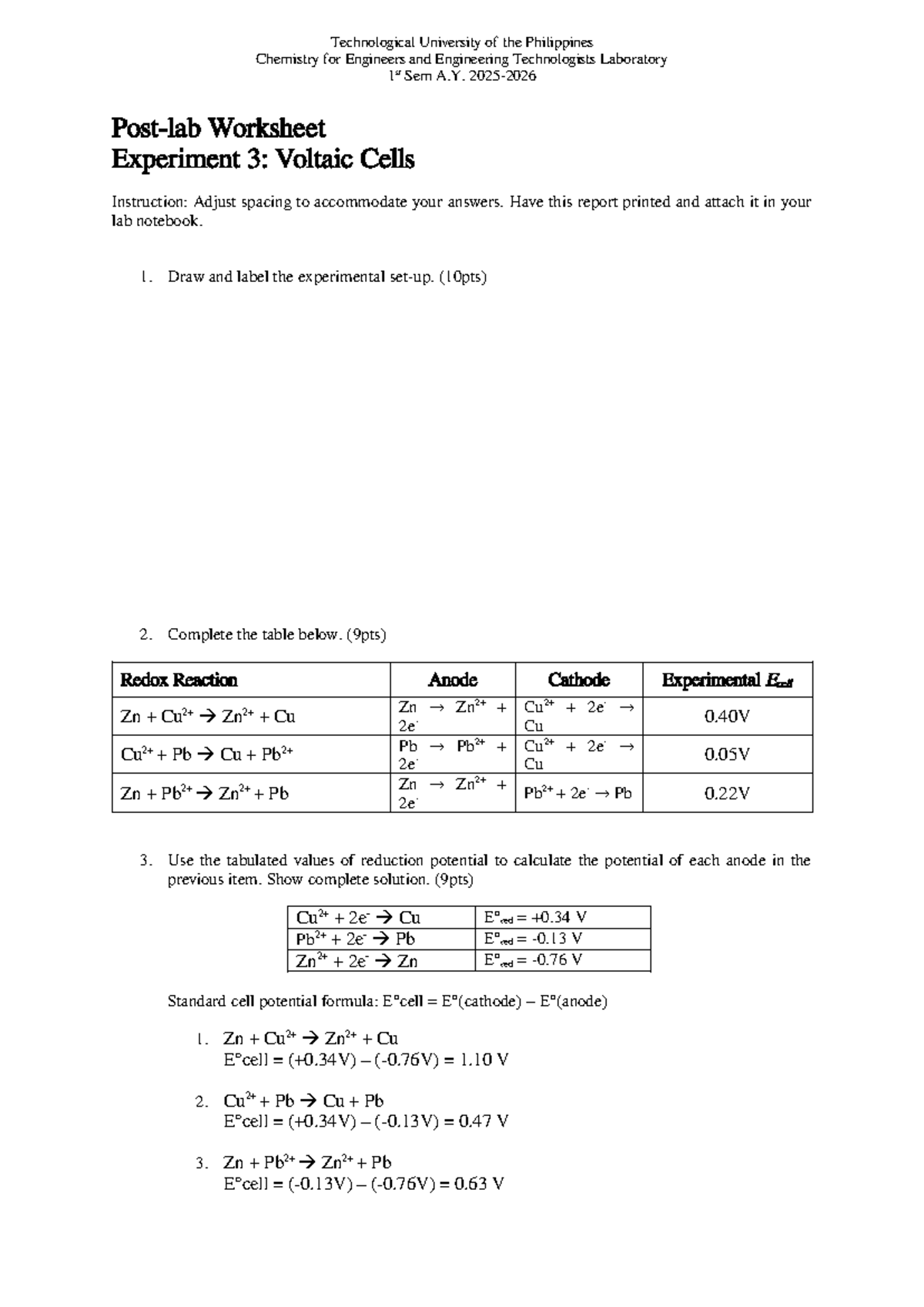 Experiment 3: Voltaic Cells Worksheet - Chem for Engr Lab 1st Sem - Studocu