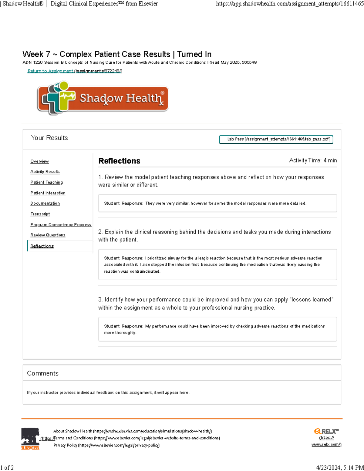 ADN 1220 Week 7 Reflection on Complex Patient Case: Doris Turner - Studocu