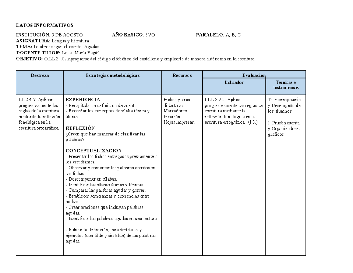 PLAN DE Clase - Palabras Agudas en Lengua y Literatura 8VO A, B, C ...