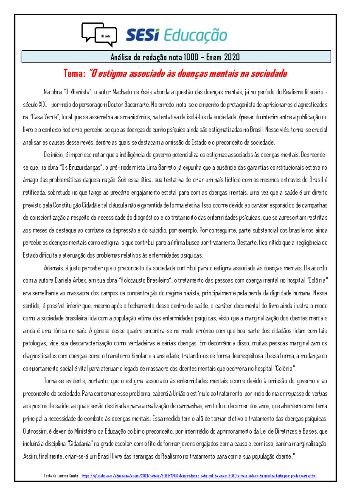 Análise da Redação Nota Enem 2020: Estigma das Doenças Mentais - Studocu