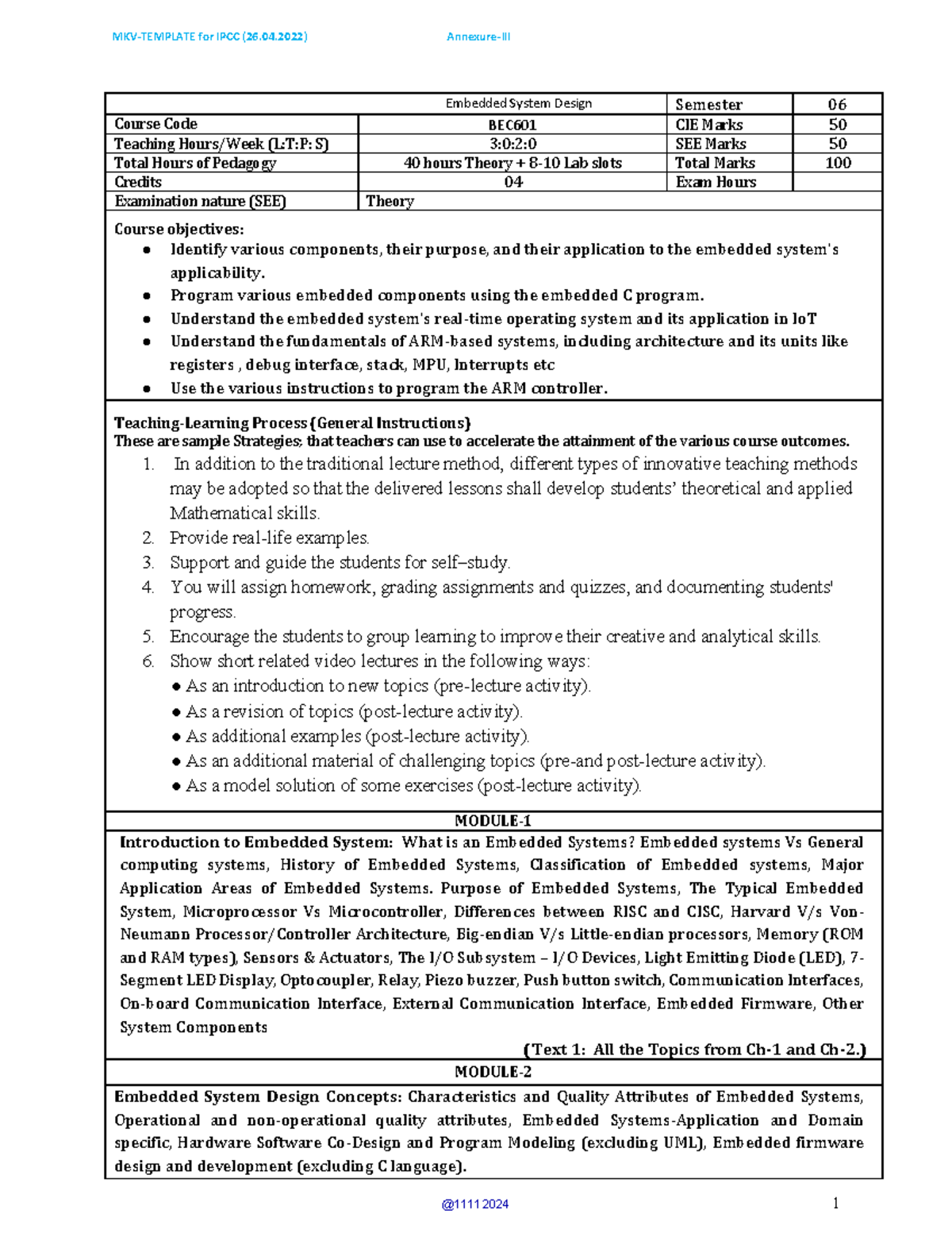 BEC601 - Embedded System Design Syllabus (IPCC, 26.04.2022) - Studocu