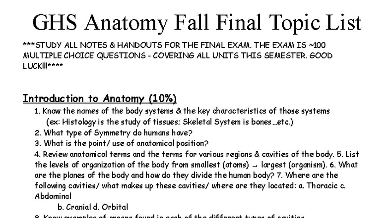 GHS Anatomy F24 Final Exam Study Guide: Key Topics & Notes - Studocu