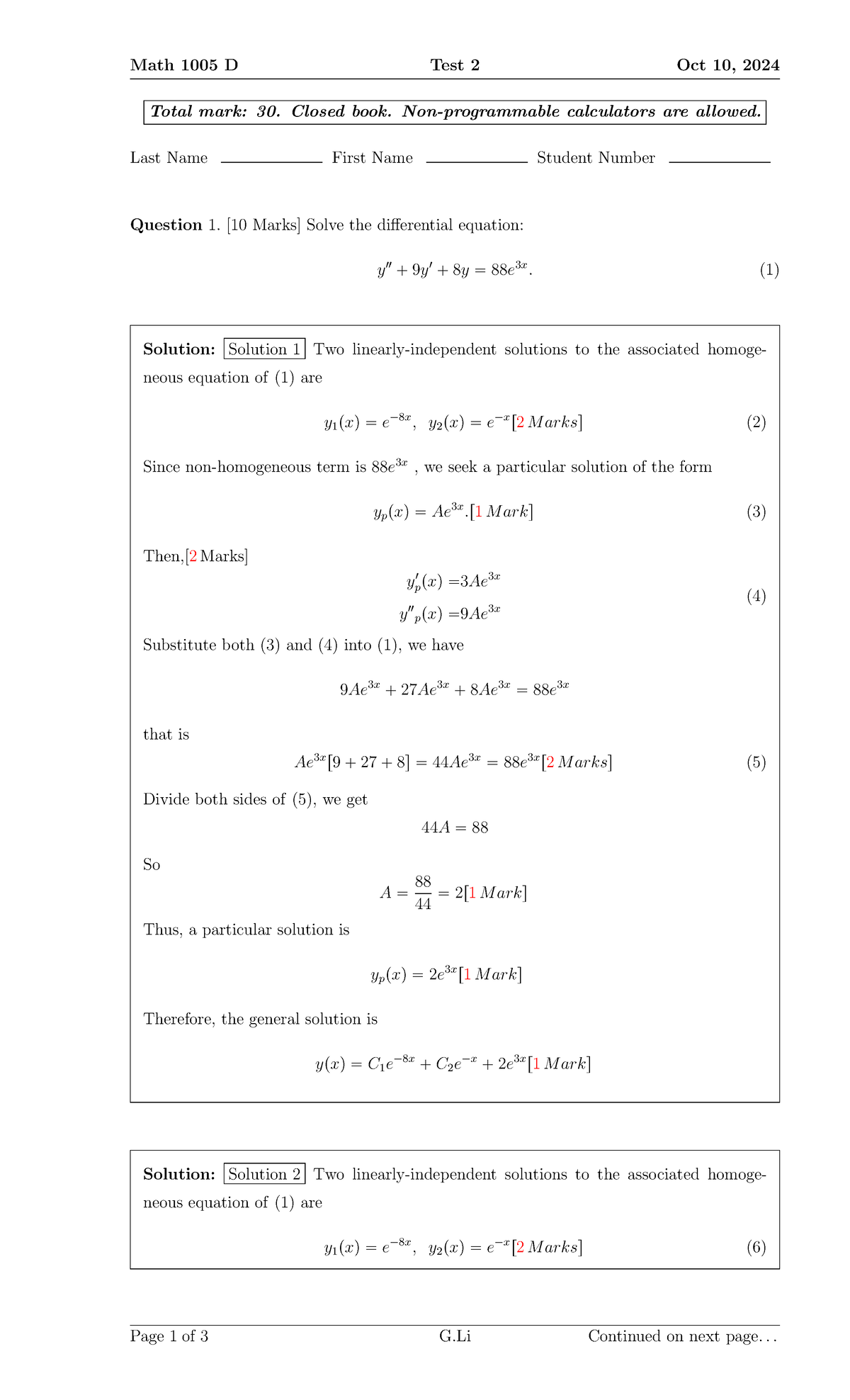 Math 1005 D In-Class Test 2 Solutions - Oct 10, 2024 - Studocu