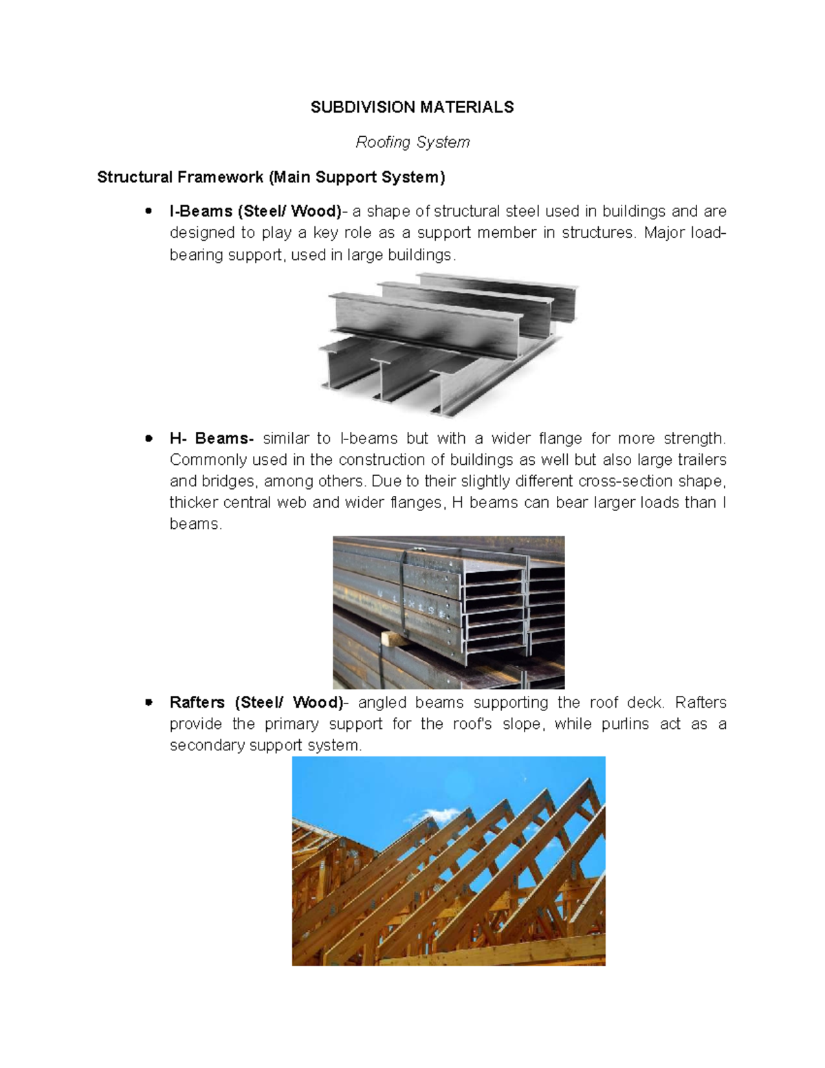 SUBDIVISION MATERIALS: Roofing & Structural Framework Overview - Studocu