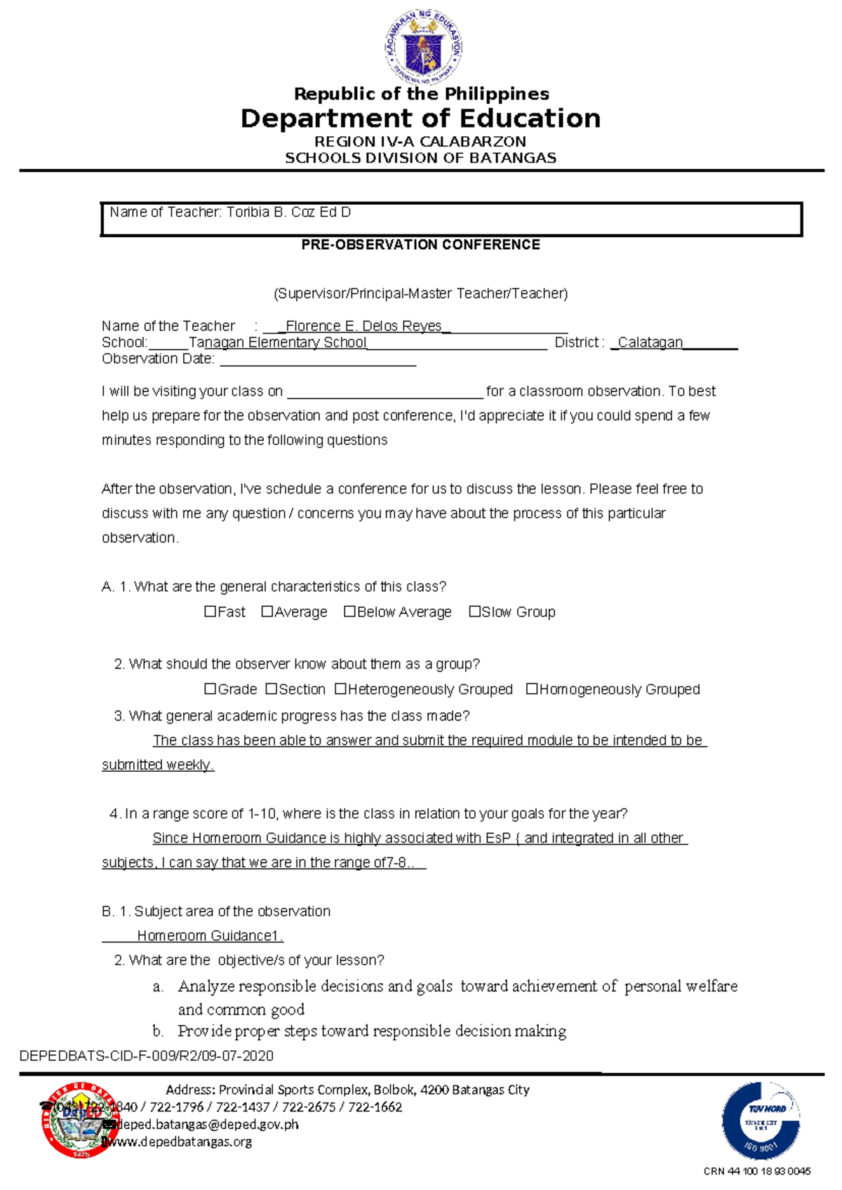 Pre-Observation Conference for Filipino 1 - Teacher: Florence E. Delos ...