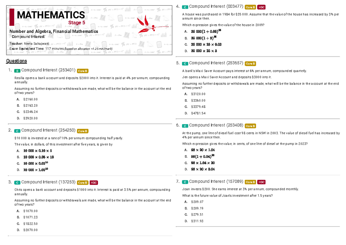 Financial Maths Worksheet Year 9 (253401, 253657, 254250) - Studocu