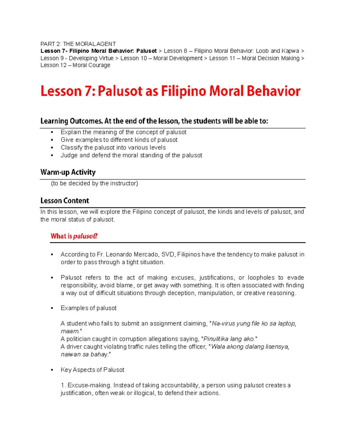 Lesson 7: Palusot as Filipino Moral Behavior (Moral Agent) - Studocu