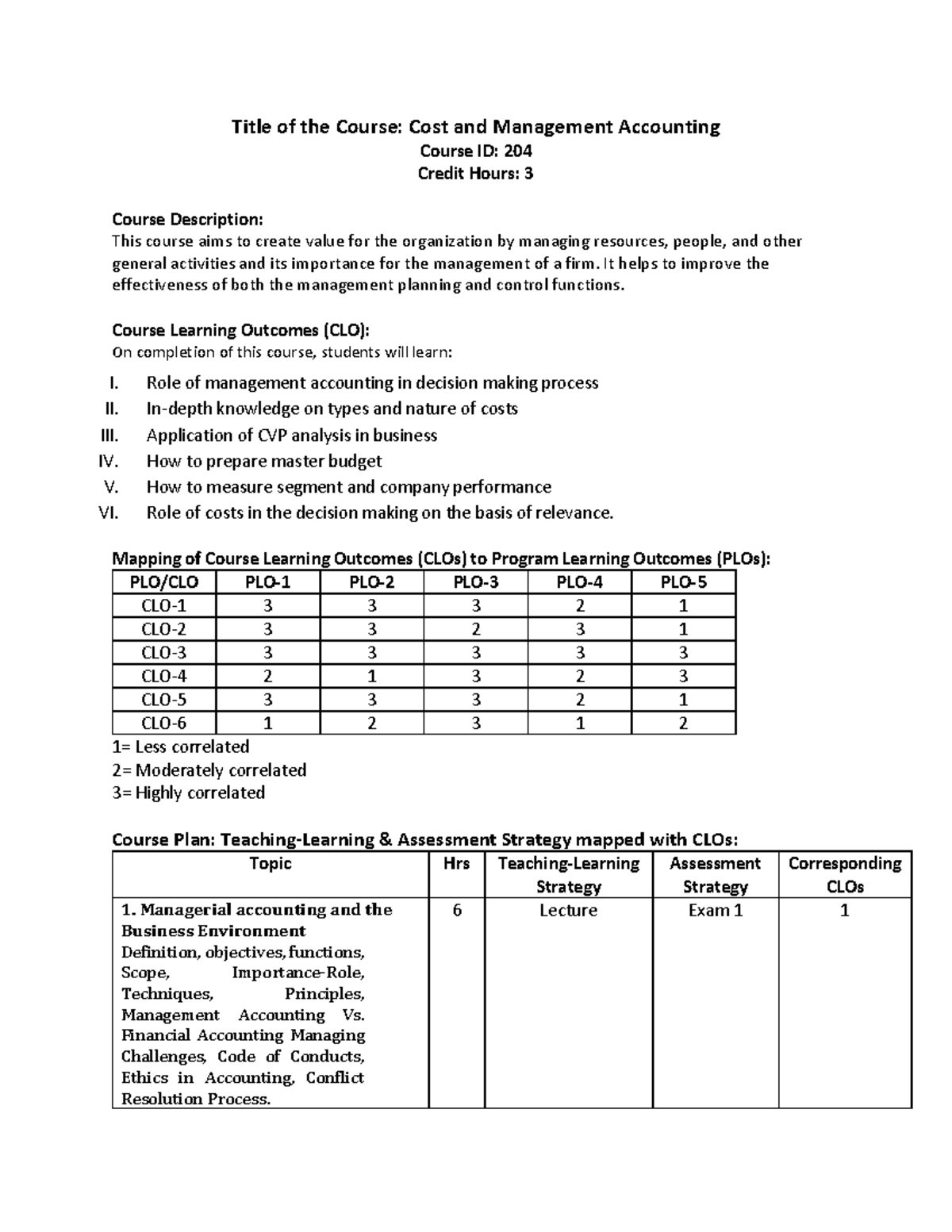 Course Outline-ACN204-Cost and Management Accounting-Sec-1 - Title of ...