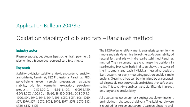 Application Bulletin: Rancimat Method for Oxidation Stability of Oils ...