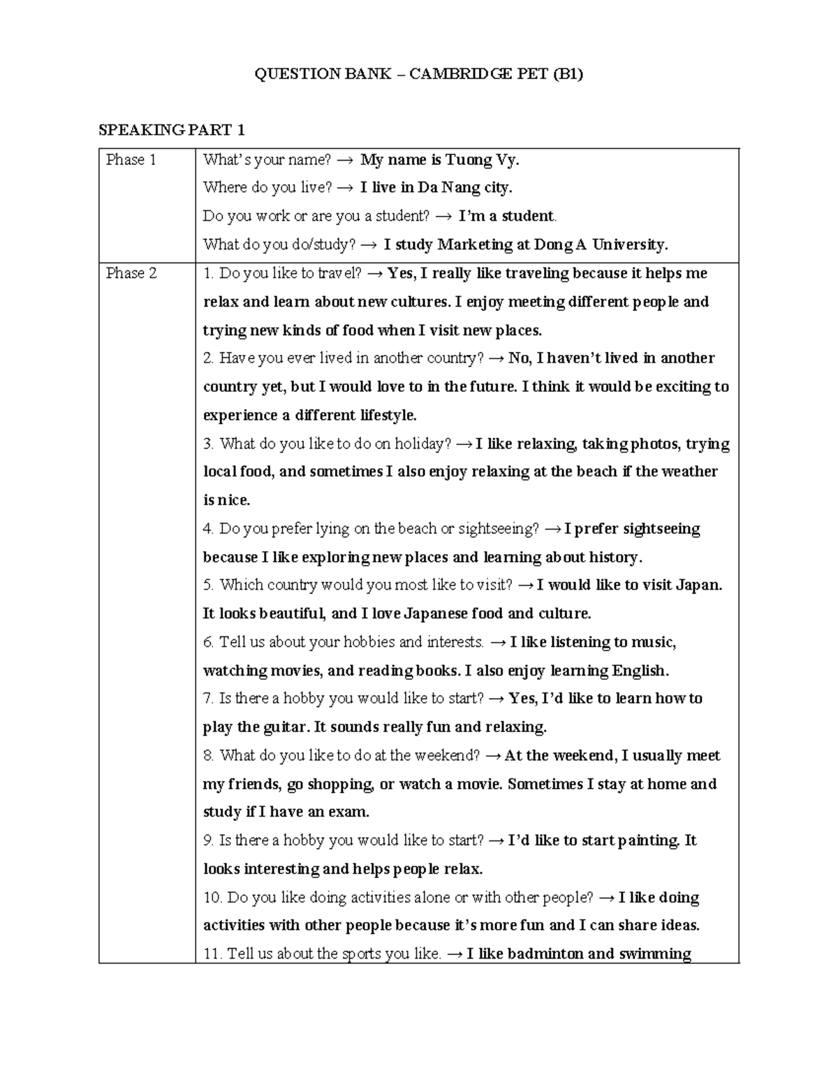 Question Bank - Cambridge PET (B1) Speaking Practice - Studocu