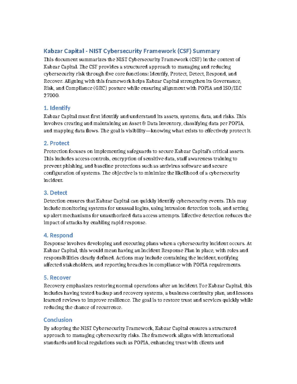 Kabzar Capital NIST Cybersecurity Framework (CSF) Overview - Studocu