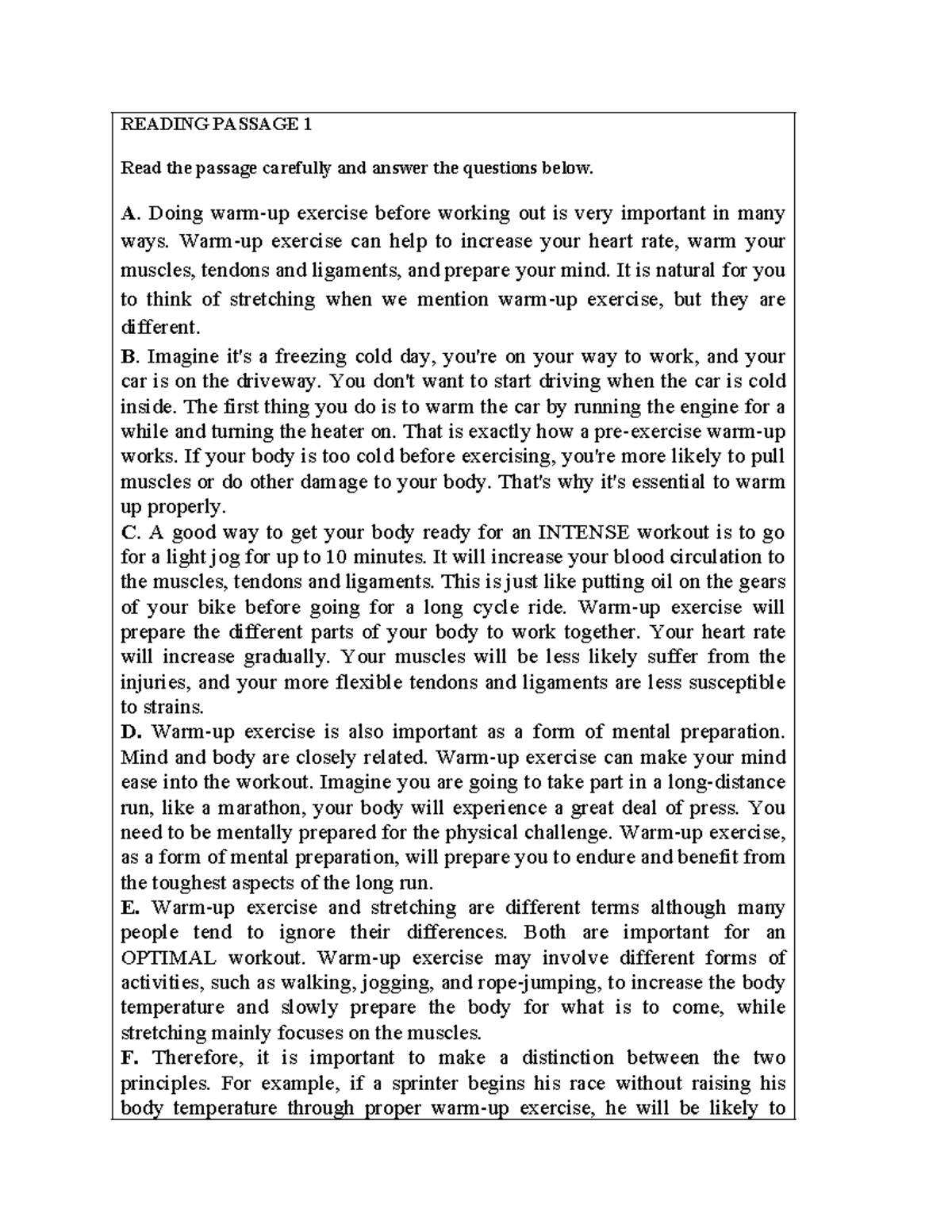Reading Passage 1 - Importance of Exercise Before Workouts - Studocu