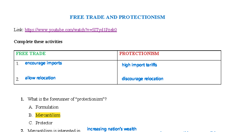 U8. Free Trade and Protectionism: Key Concepts and Activities - Studocu