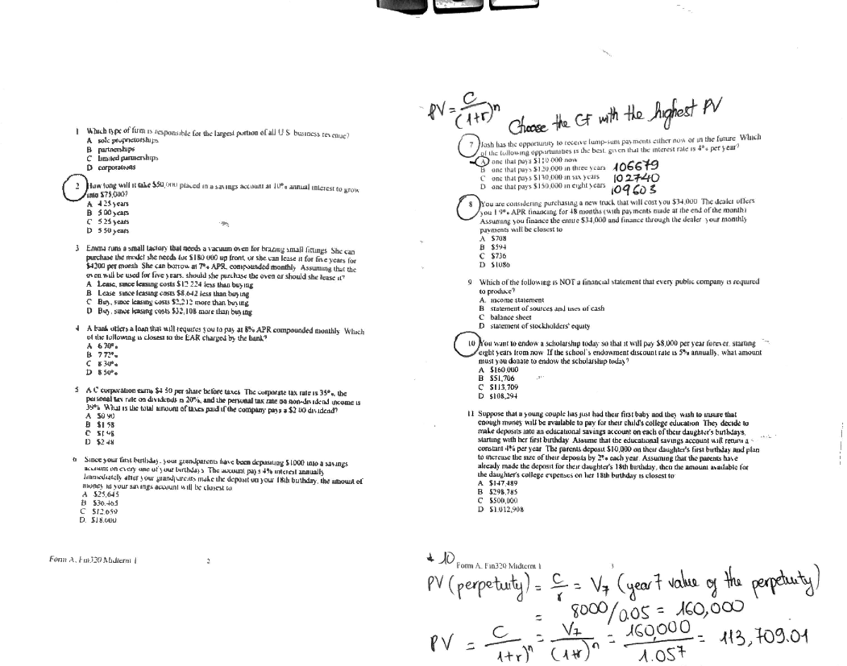 Fin320 exam - Final exam - (1tr) Choose the CF with the highest PV I ...