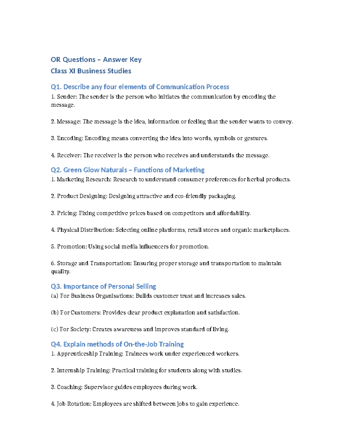 OR Questions Answer Key for Class XI Business Studies - Studocu
