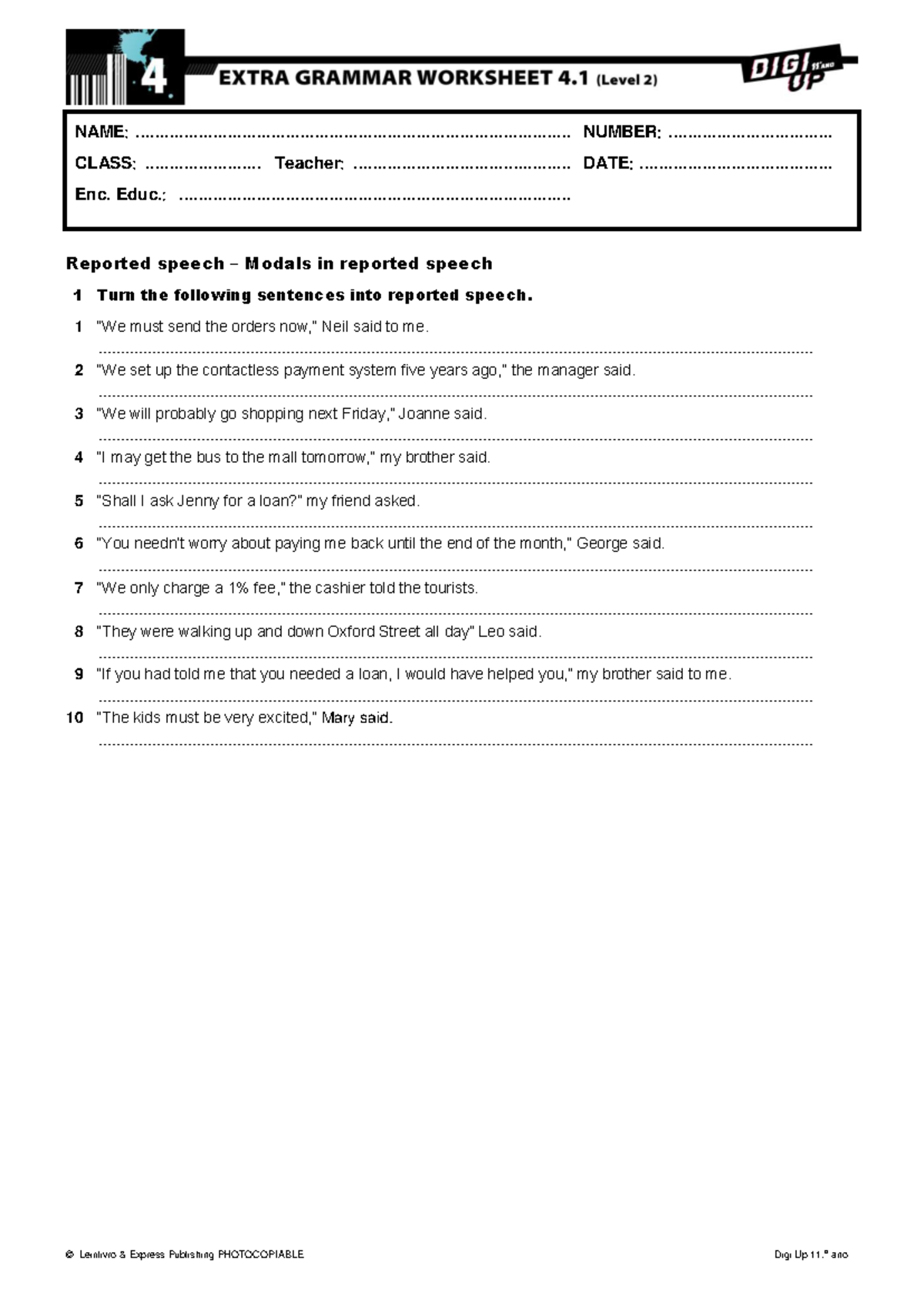 Grammar Worksheet - Reported Speech with Modals (Eng Ed 11) - Studocu