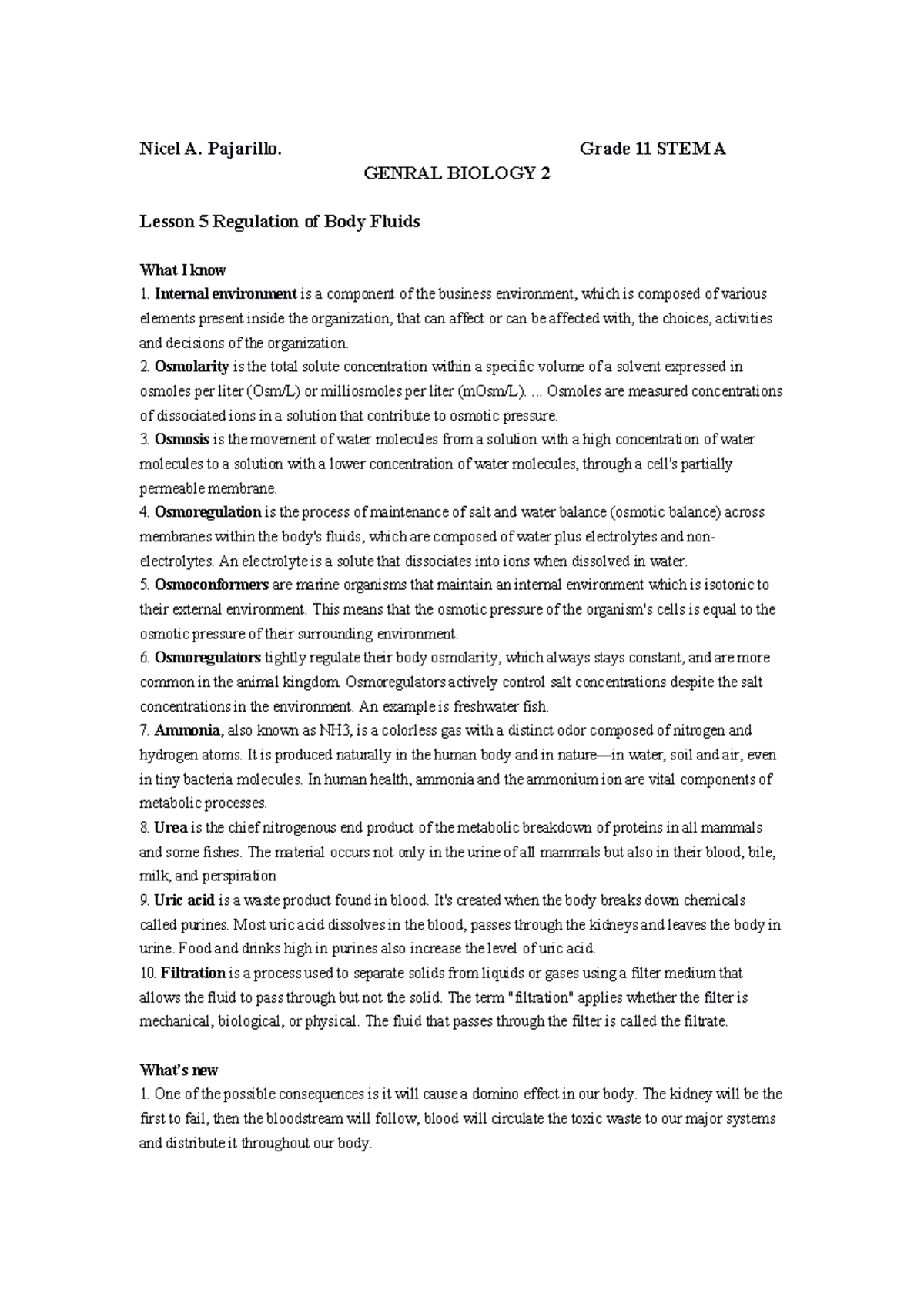 Grade 11 STEM A General Biology 2 Lesson 5: Regulation of Body Fluids ...