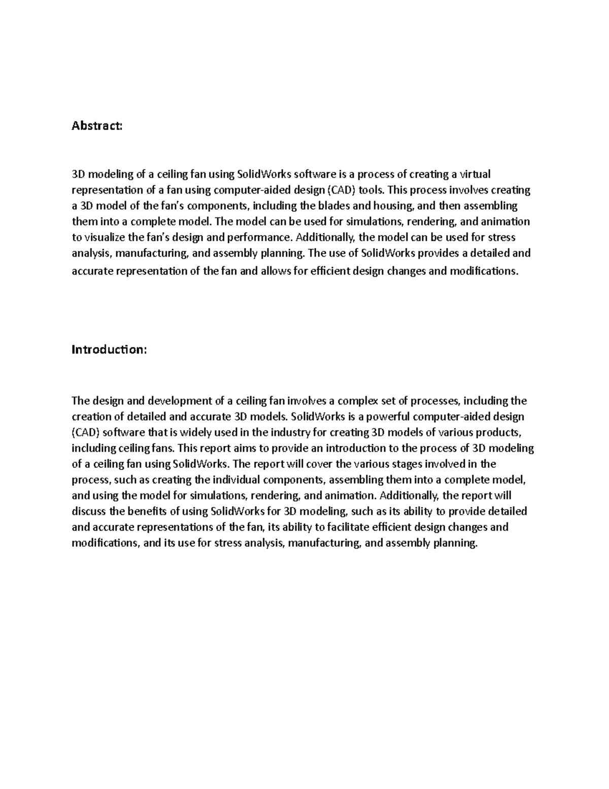 SolidWorks Project Report: 3D Modeling of a Ceiling Fan - Studocu