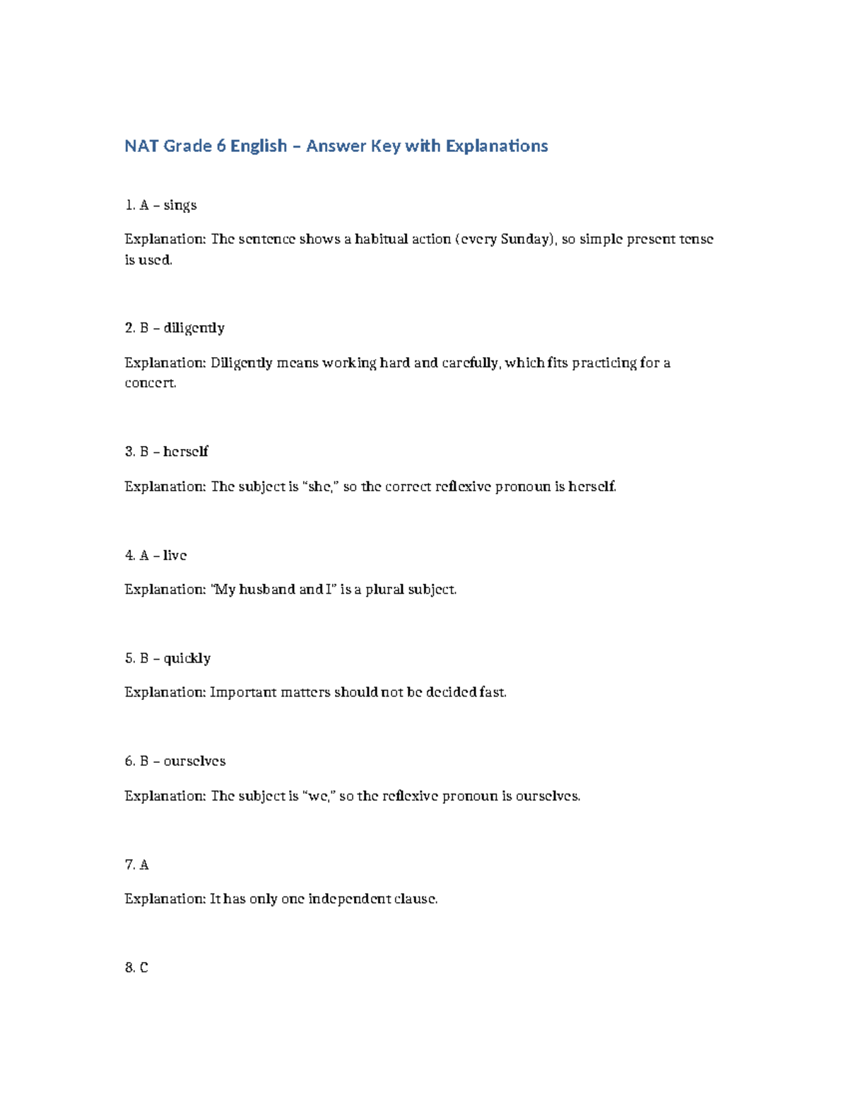 NAT Grade 6 English Answer Key with Detailed Explanations - Studocu