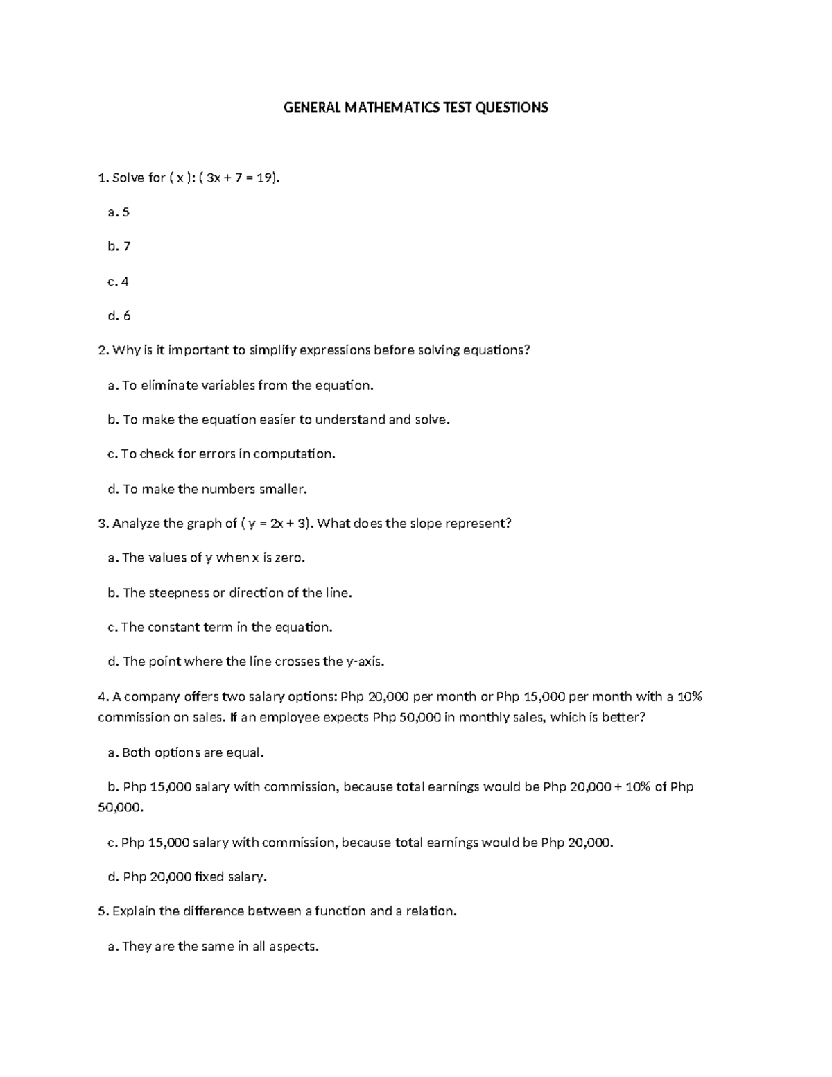 Gen Math Calculus-Test - GENERAL MATHEMATICS TEST QUESTIONS Solve for ...