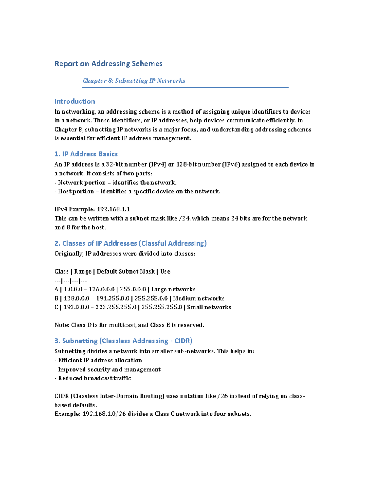 Addressing Schemes Report: Chapter 8 - Subnetting IP Networks - Studocu