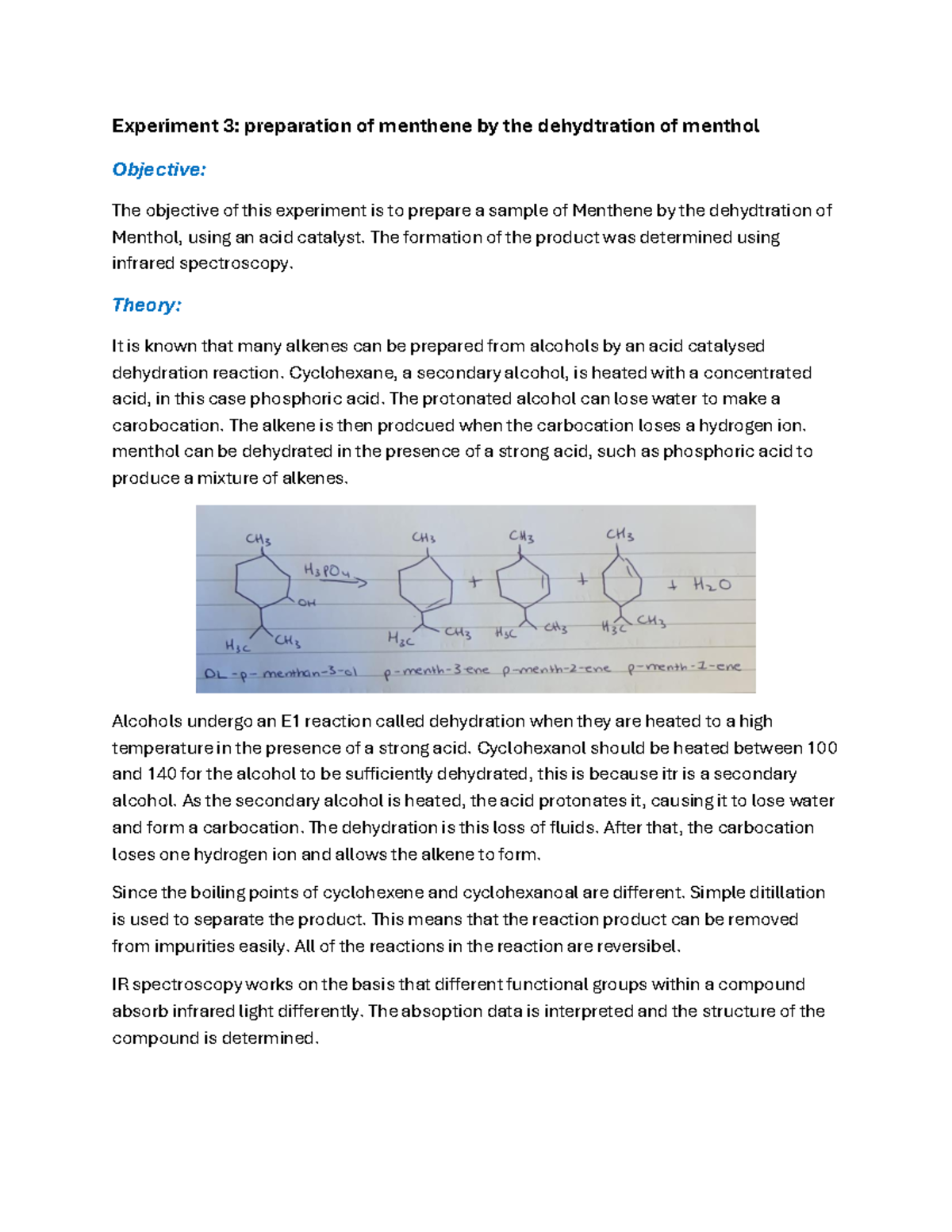 Experiment 3: Menthene Synthesis via Menthol Dehydration with IR ...