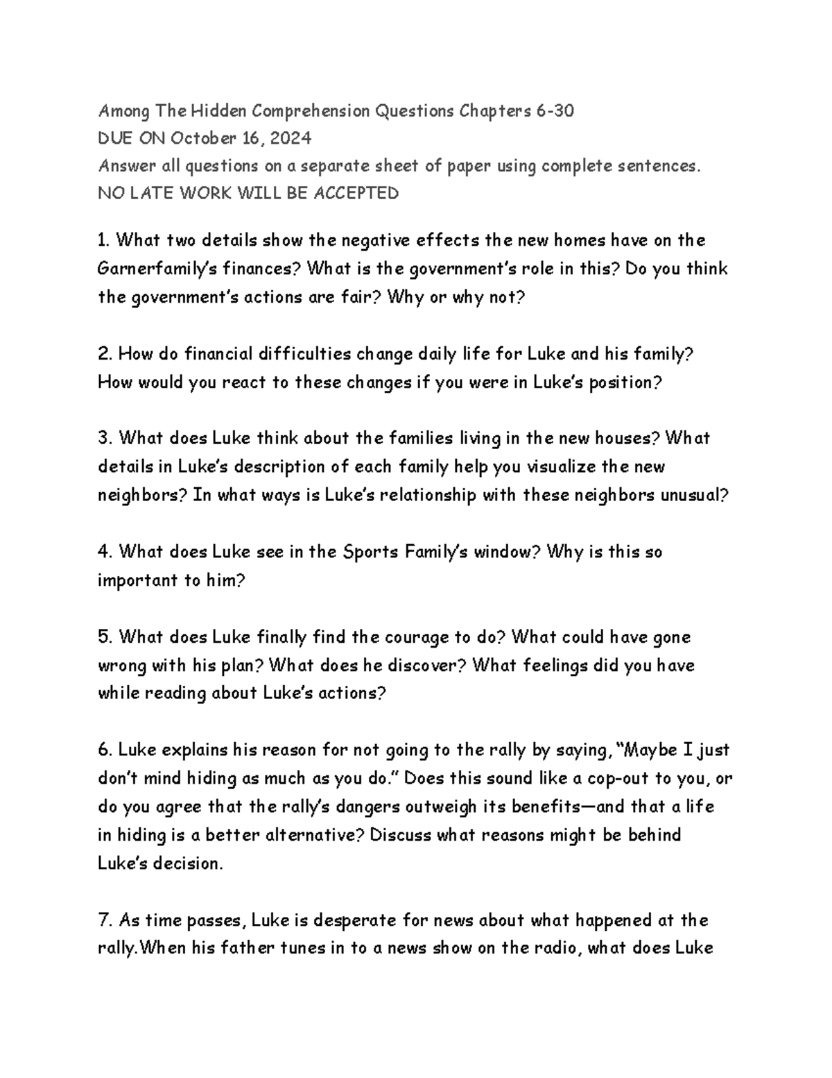 Among the Hidden Comprehension Questions chapter's 6-30 - NO LATE WORK ...