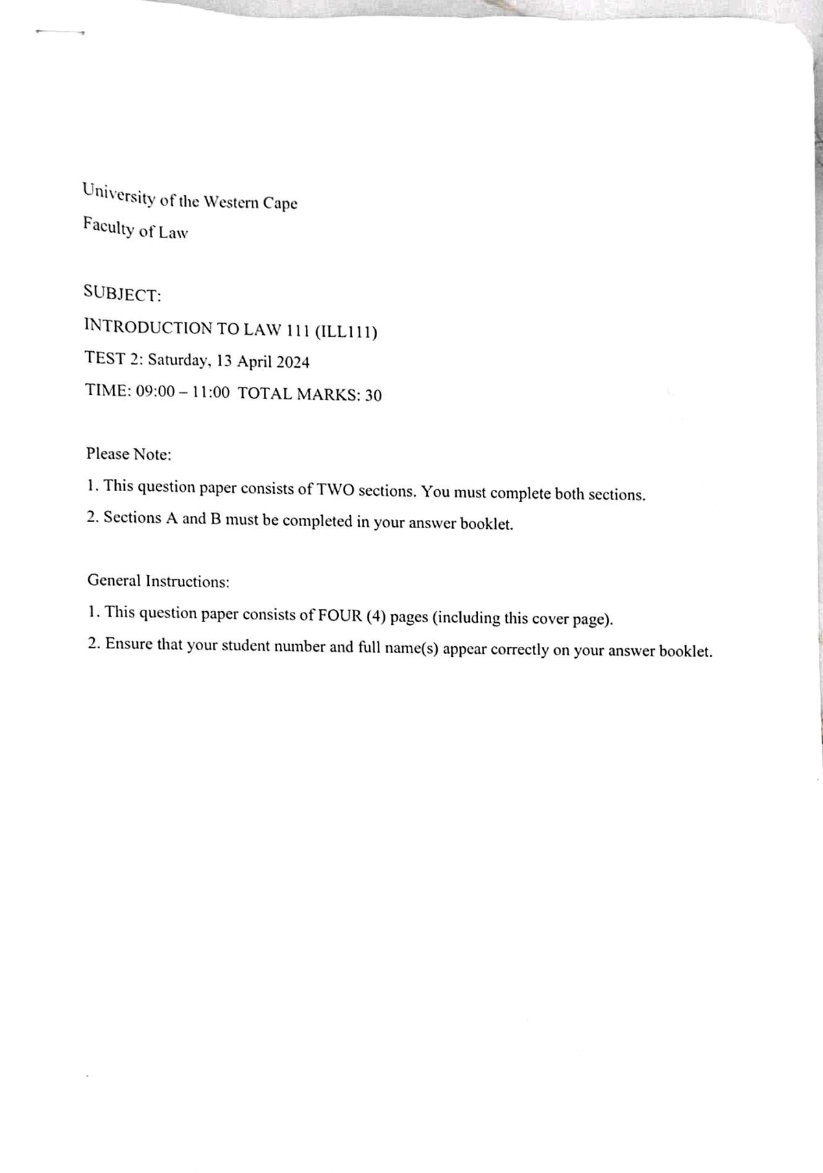 UWC LAW 101: INTRODUCTION TO LAW TEST 2 - April 13, 2024 - Studocu