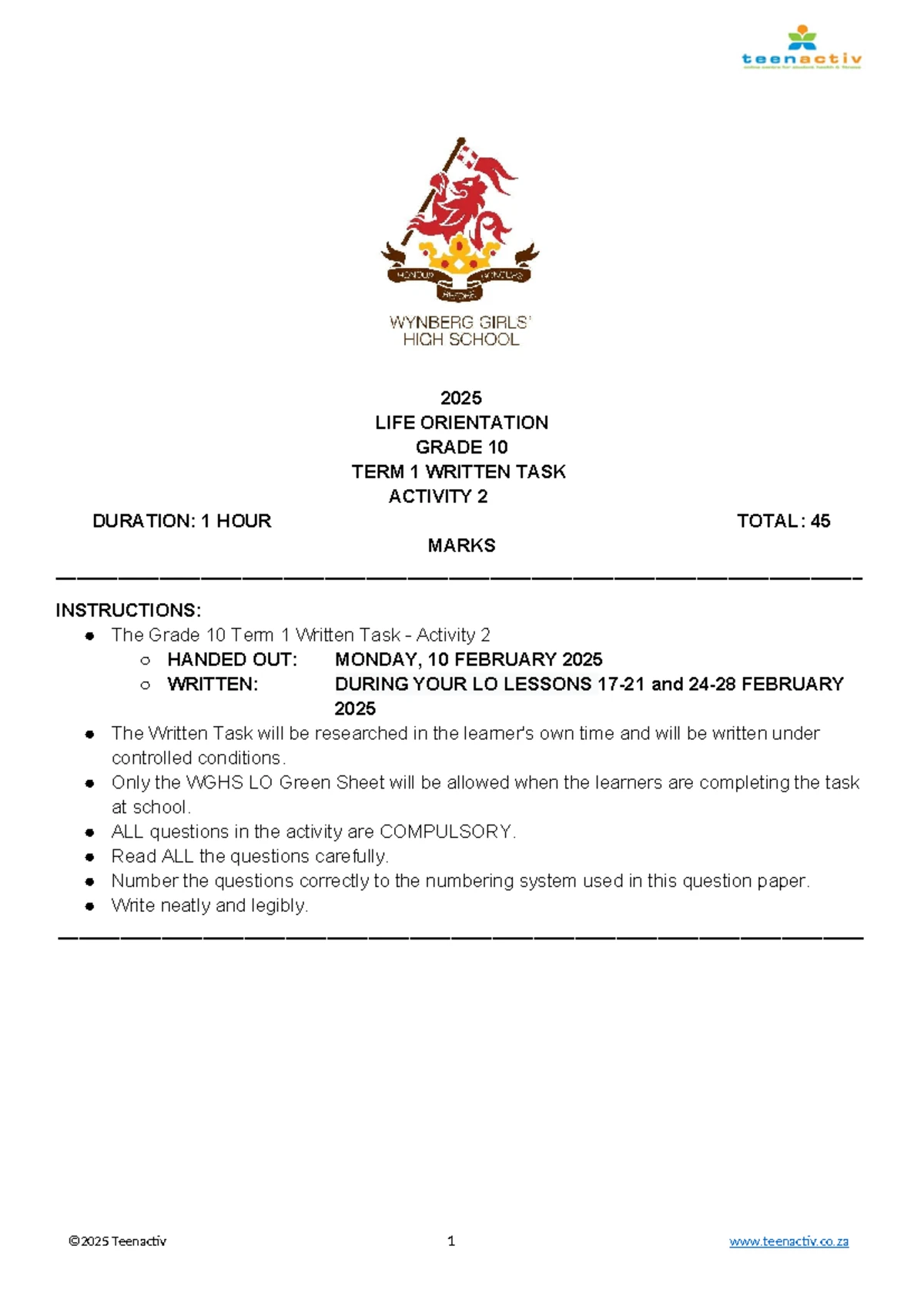 LO Revision Booklet 2025 Gr 12 Term 2: Key Concepts in Life Orientation ...