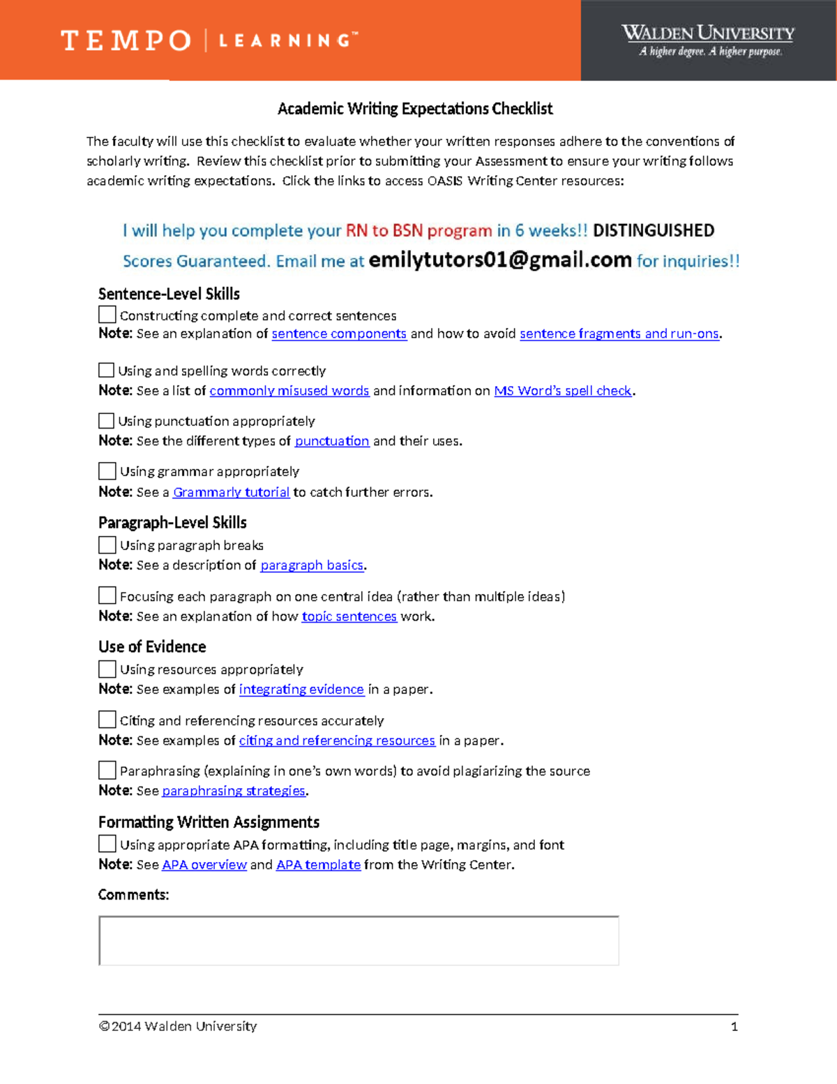 EB001 Academic Writing Expectations Checklist for Assessments - Studocu