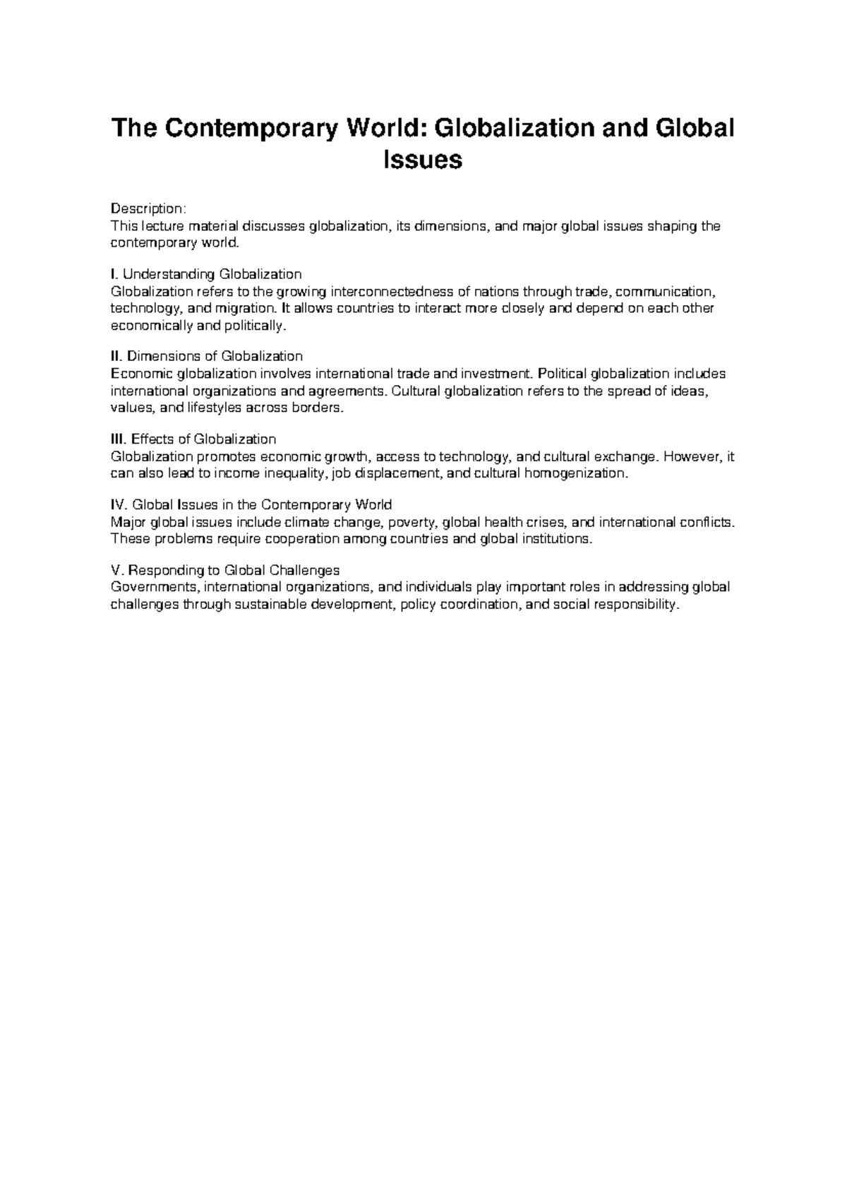 The Contemporary World: Globalization & Global Issues Lecture - Studocu