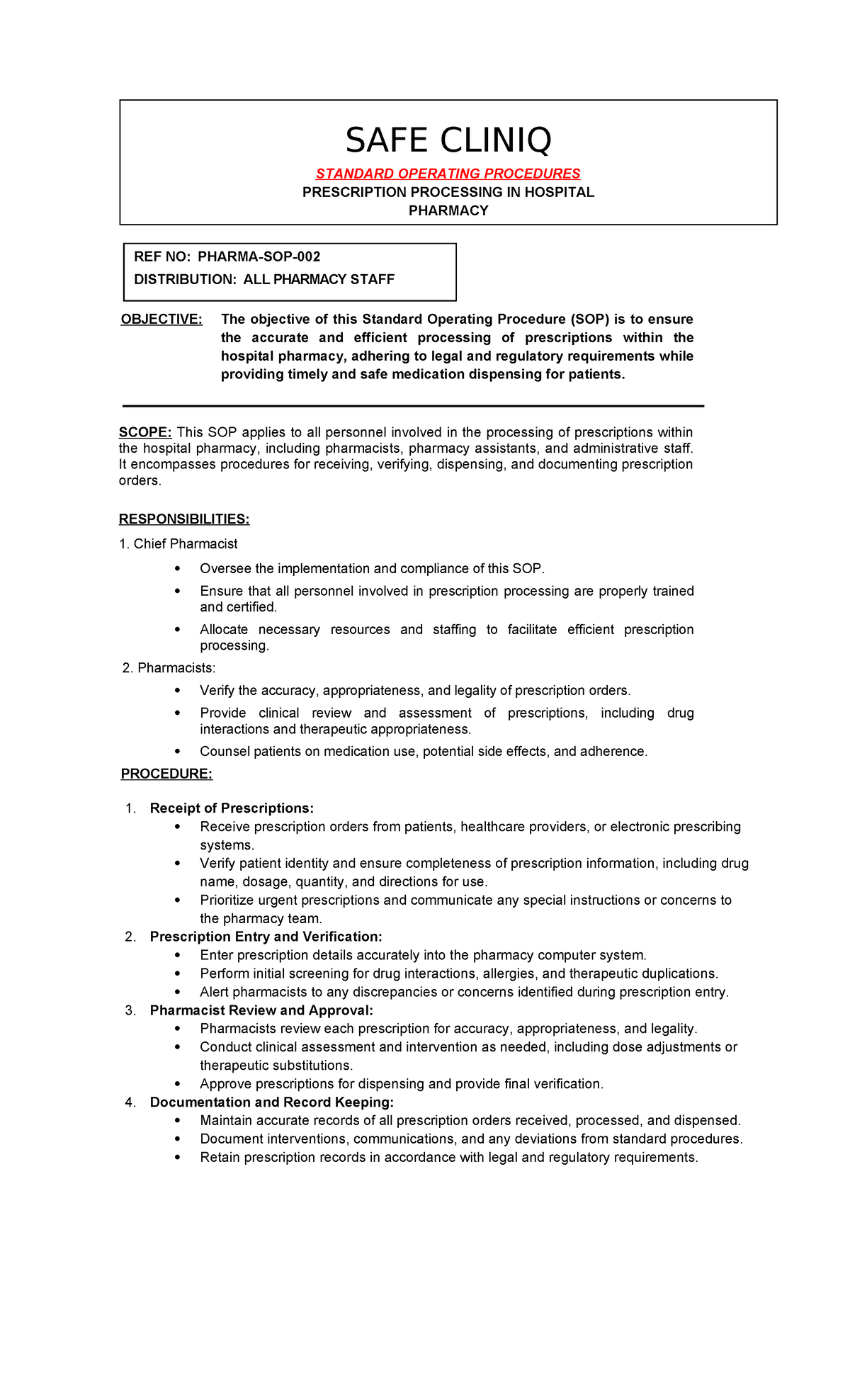 SOP - sop - OBJECTIVE: The objective of this Standard Operating ...