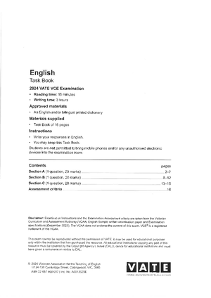 VCE English Sample Exam 2024 - © VCAA 2023 English Task Book YYYY VCE ...