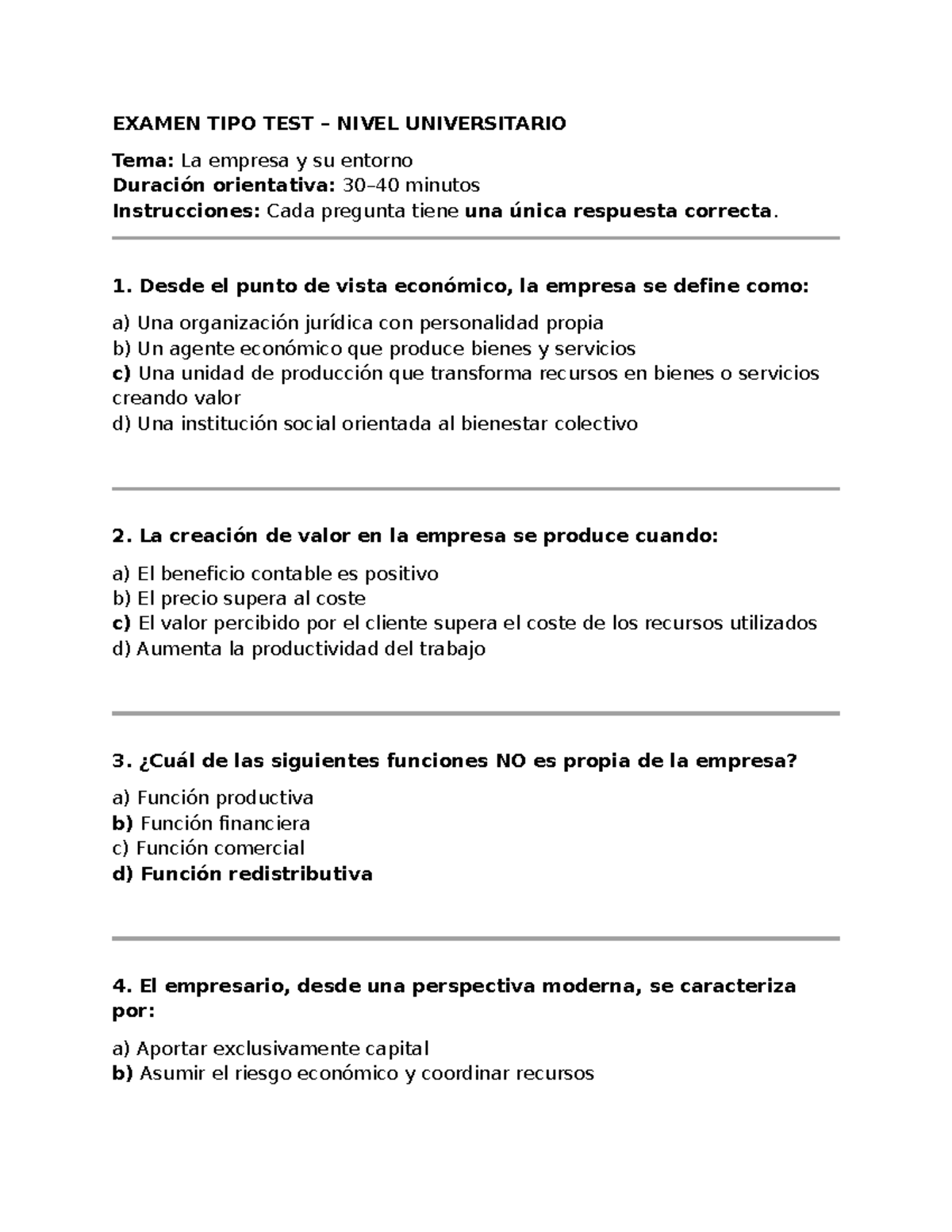 Examen TIPO TEST Universitario: La Empresa y su Entorno - Studocu