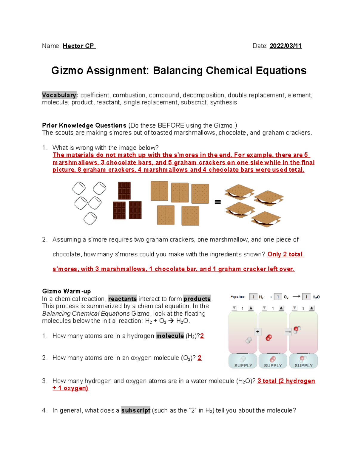 Gizmo CP Balancing Chemical Equations Exploration Sheet & Answers - Studocu