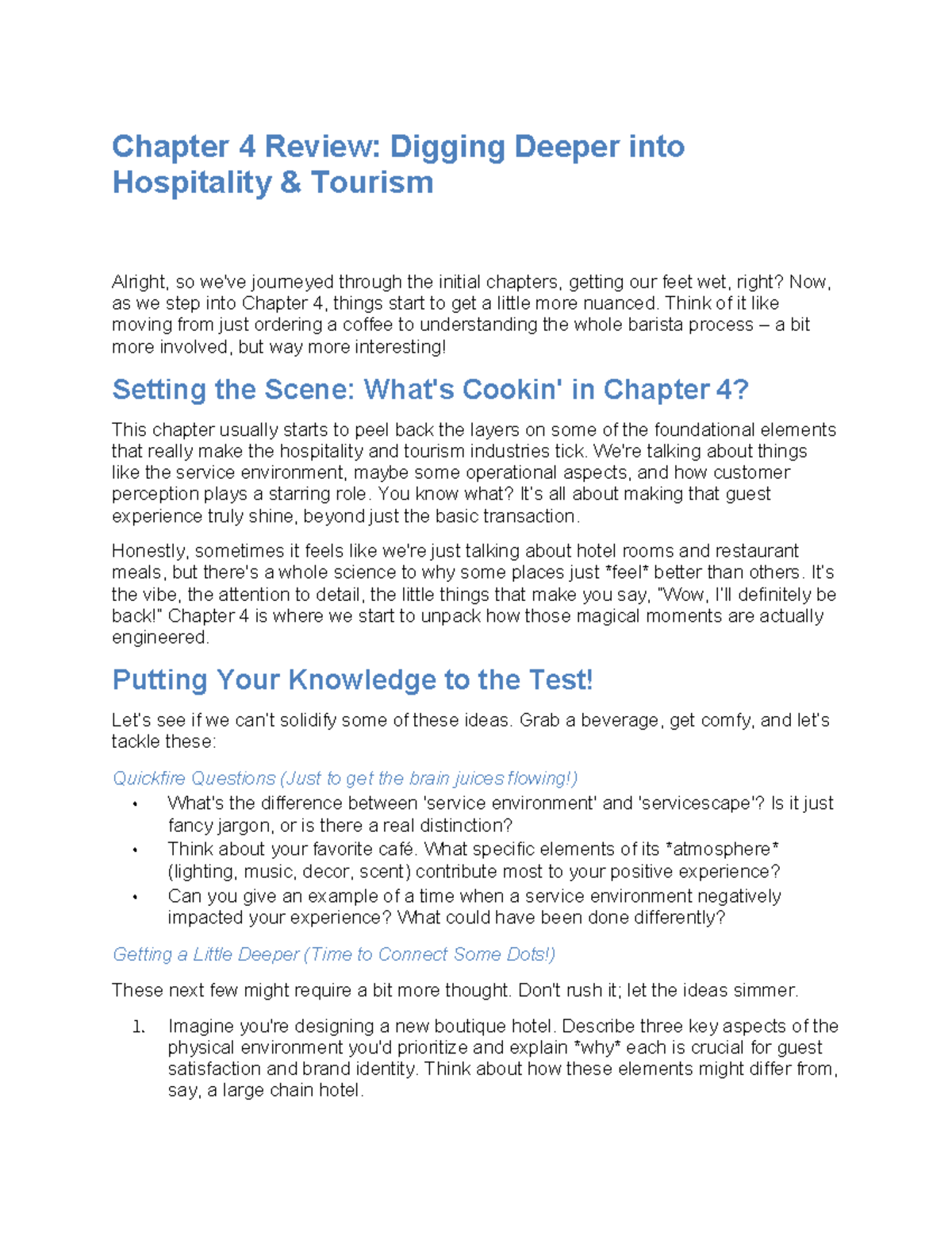 Intro to Hospitality & Tourism Ch4 Review: Enhancing Guest Experience ...