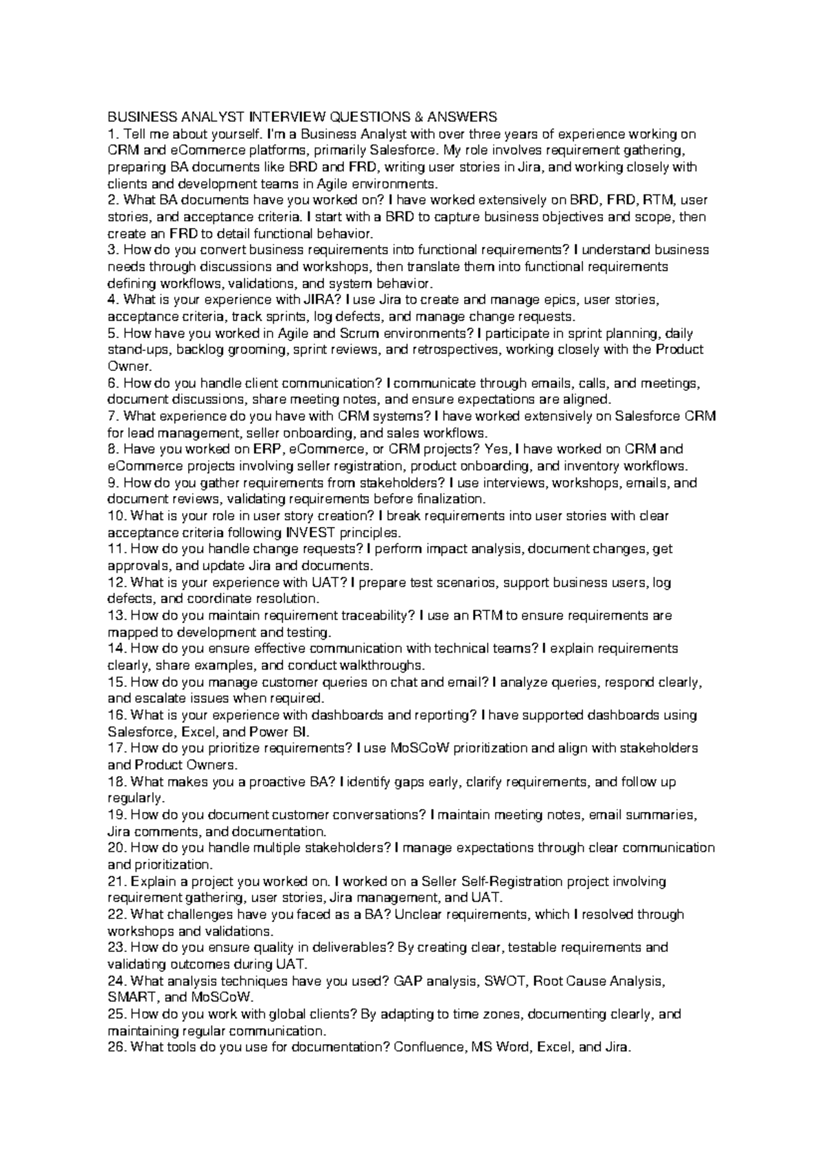 BA Interview Questions & Answers: Insights for Aspiring Analysts - Studocu