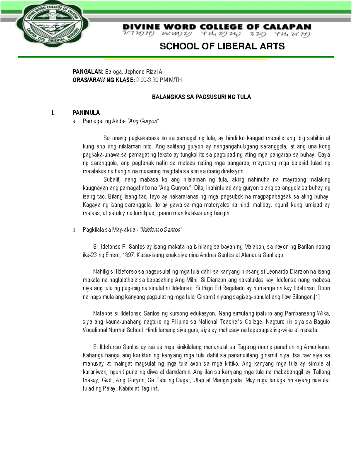 Pagsusuri Ng Tula Aralin (Ikaanim Na Linggo) Pagsusuri Sa Nilalaman