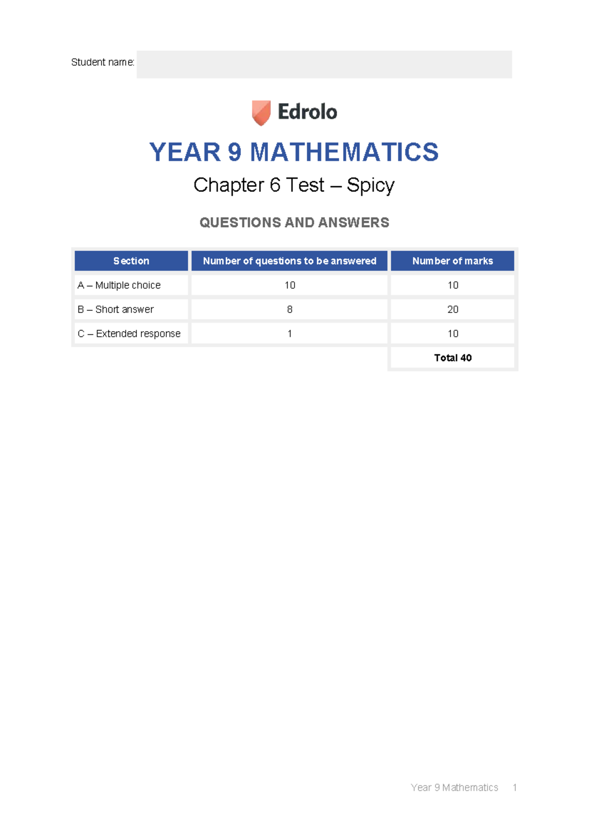 YEAR 9 MATHEMATICS Chapter 6 Test: Quadratic Equations & Graphs - Studocu
