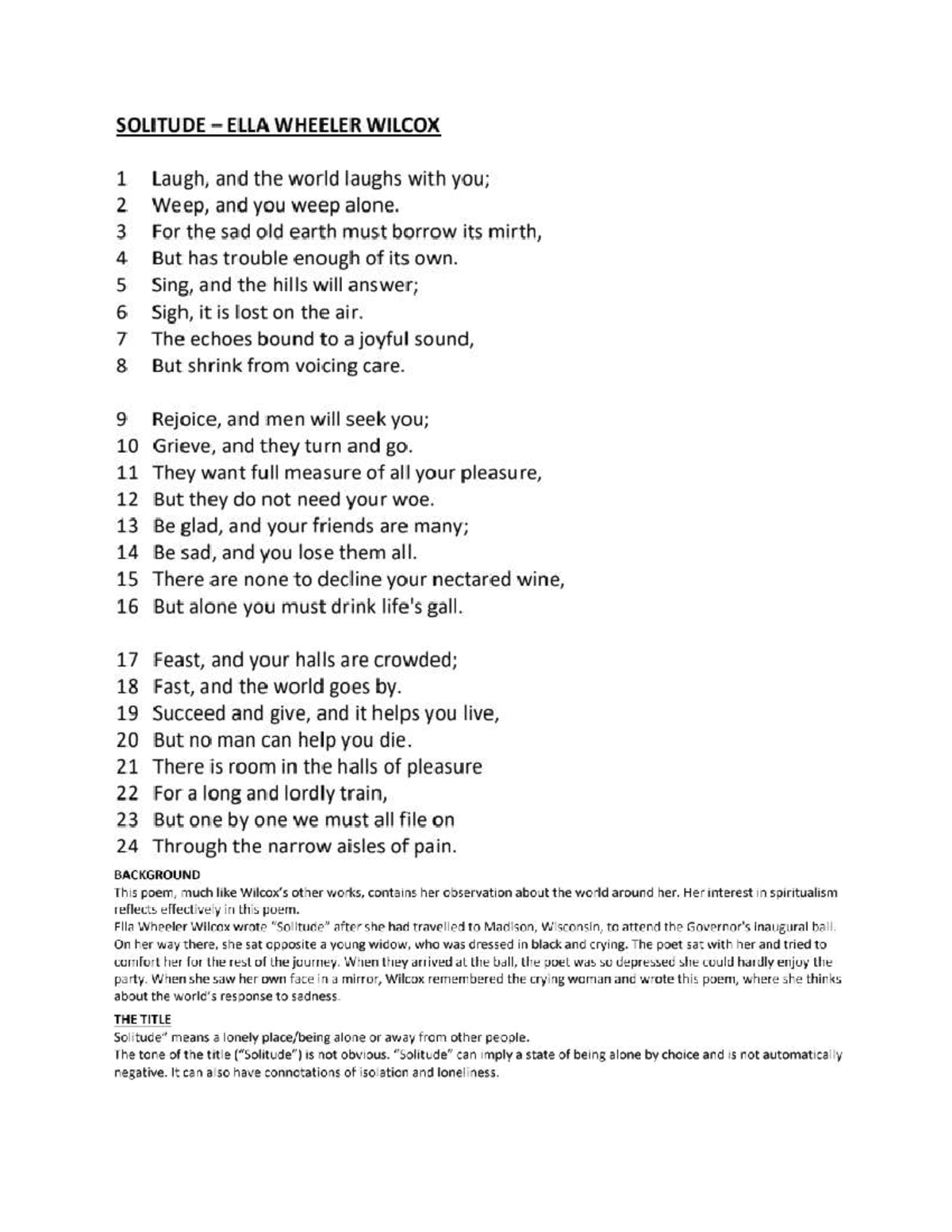 Solitude Analysis: Ella Wheeler Wilcox's Poem Insights - Studocu