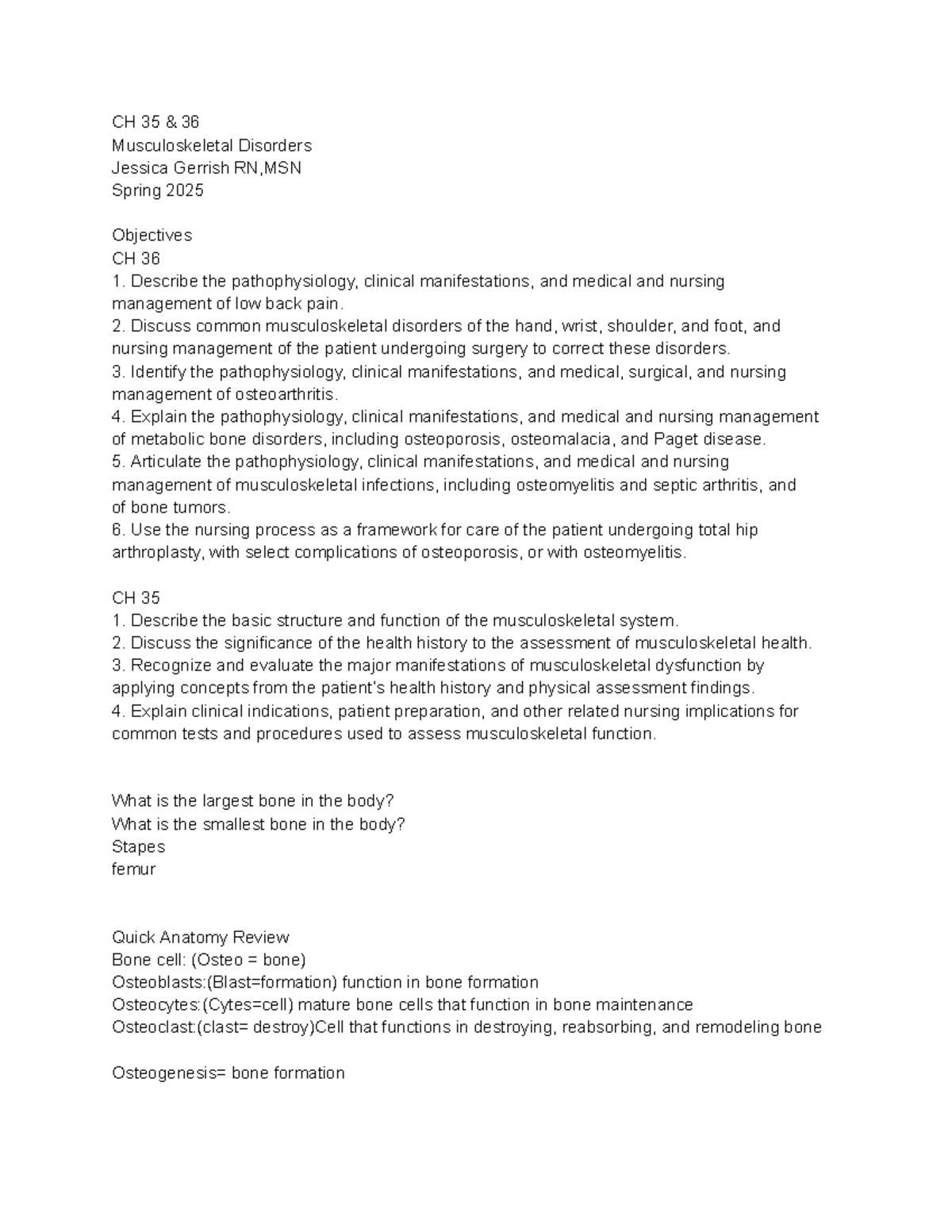 Nursing Management of Musculoskeletal Disorders: CH 35 & 36 Study Guide ...
