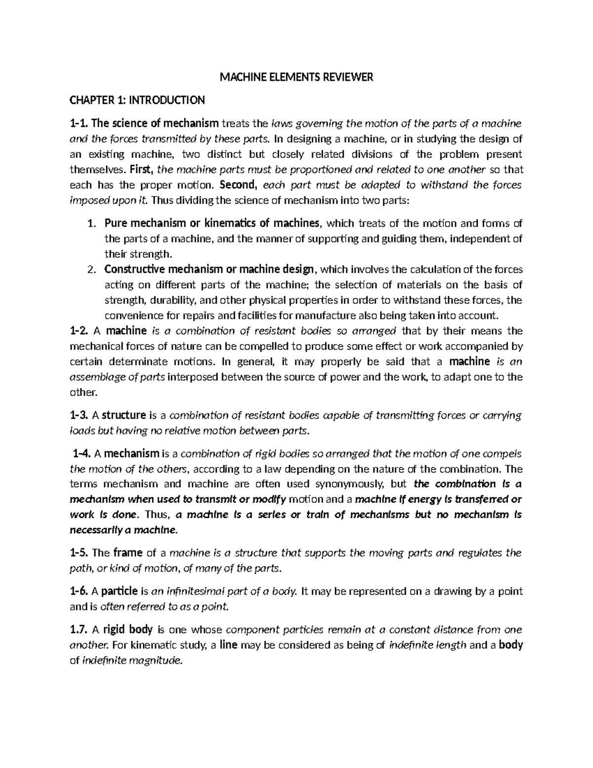 MACHINE ELEMENTS REVIEWER CHAPTER 1: INTRODUCTION AND MOTION - Studocu