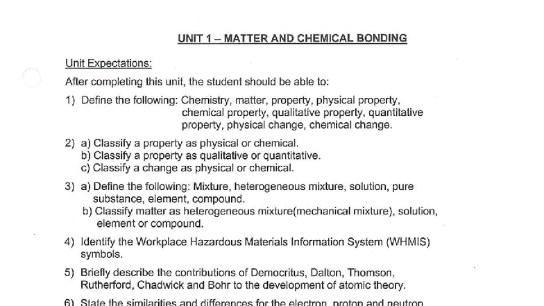 CHEM 101: Unit 1 - Matter and Chemical Bonding Notes - Studocu