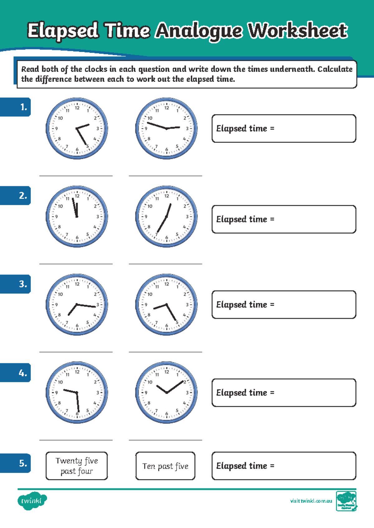 Elapsed Time Worksheet (Au-n-1647946804) - Analog & Digital Exercises ...