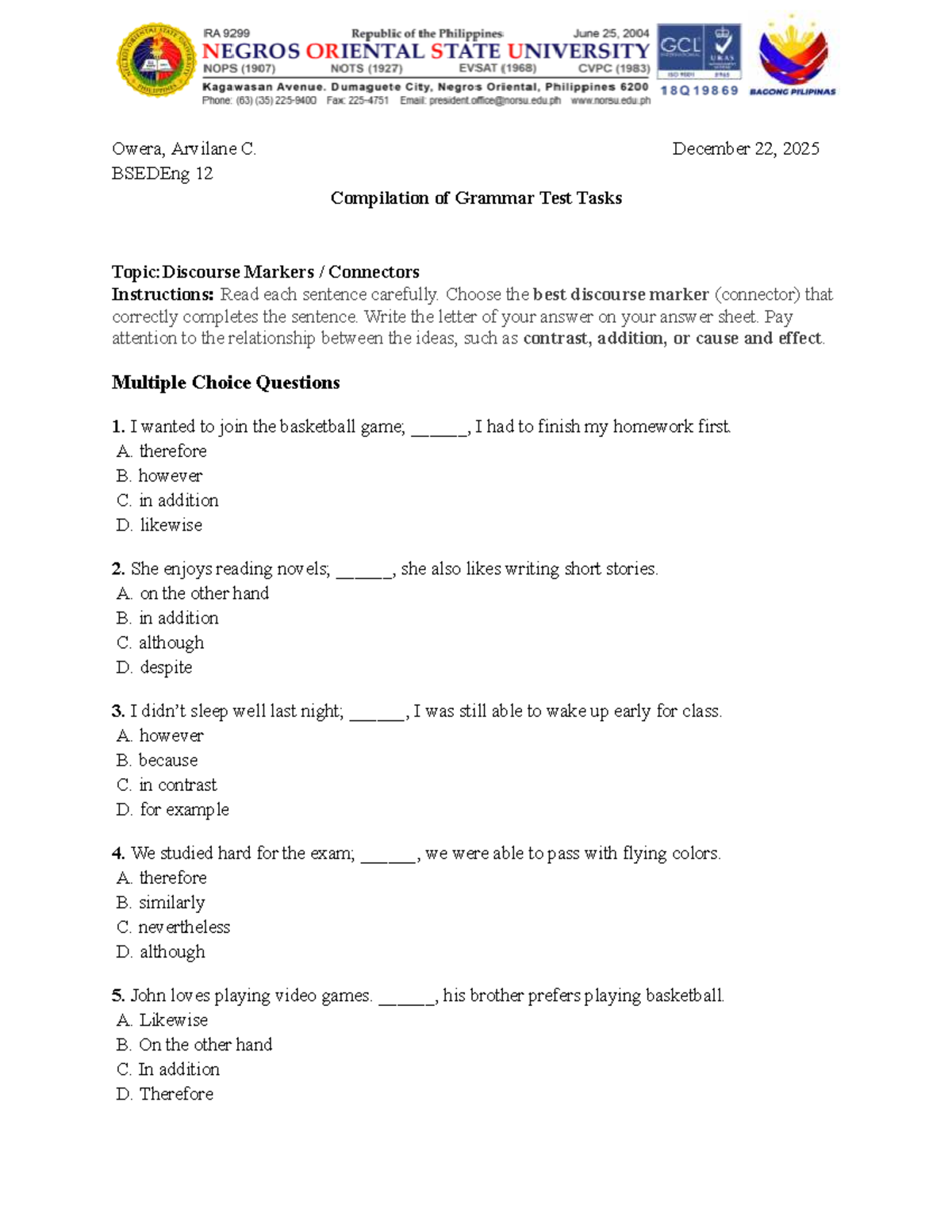 Grammar Task - Lecture: Discourse Markers & Sentence Structure - Studocu
