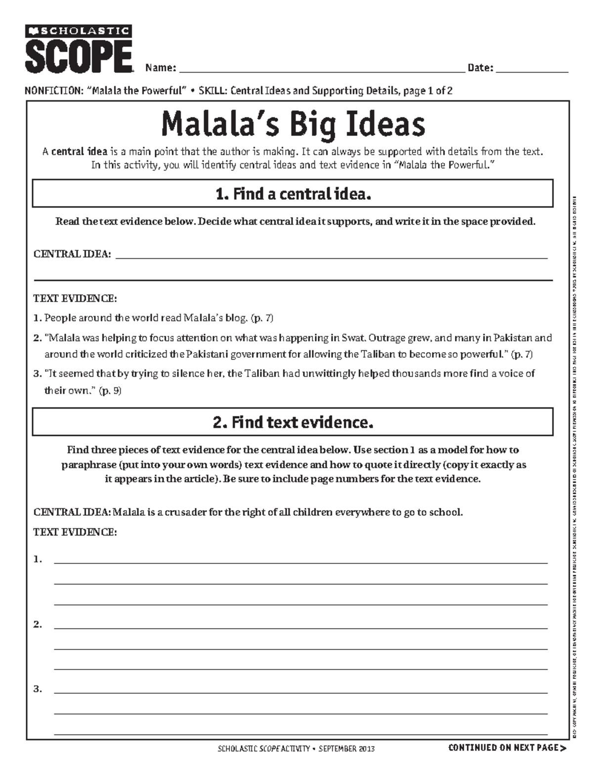 Malala the Powerful: Central Ideas & Text Evidence Study Guide - Studocu