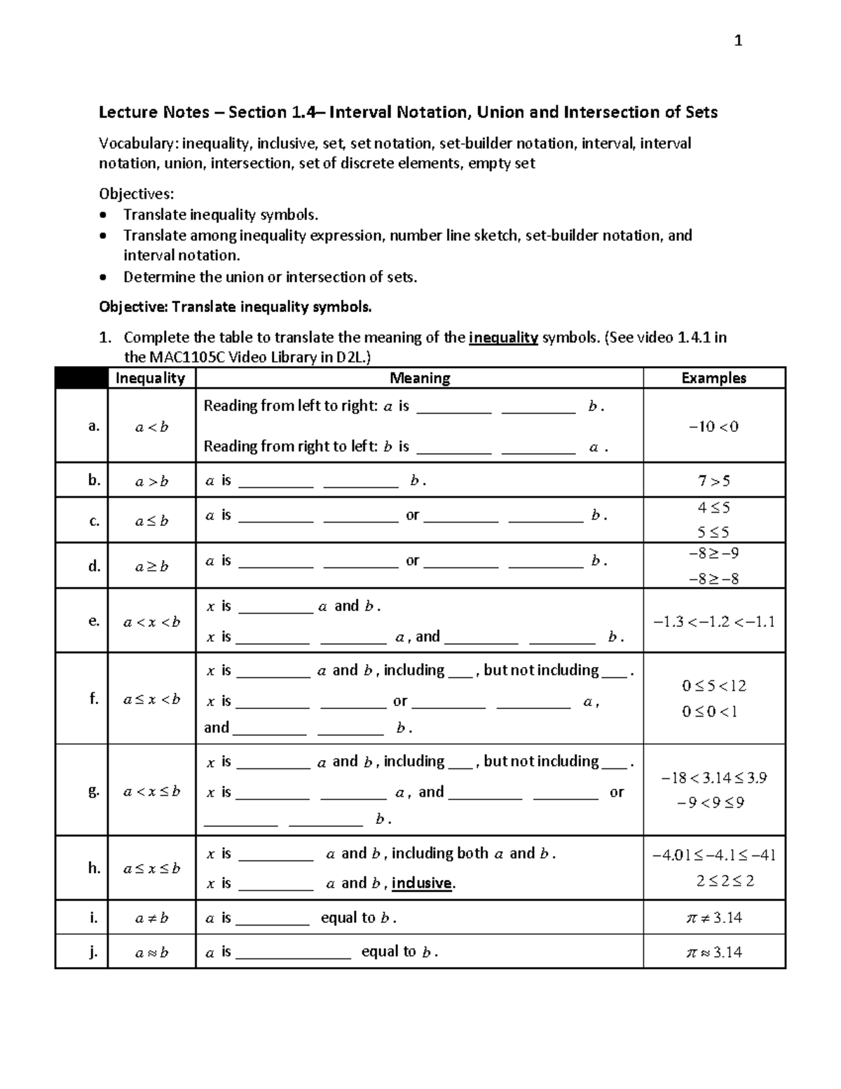 M1105C Lecture Notes: Interval Notation, Sets Union & Intersection ...