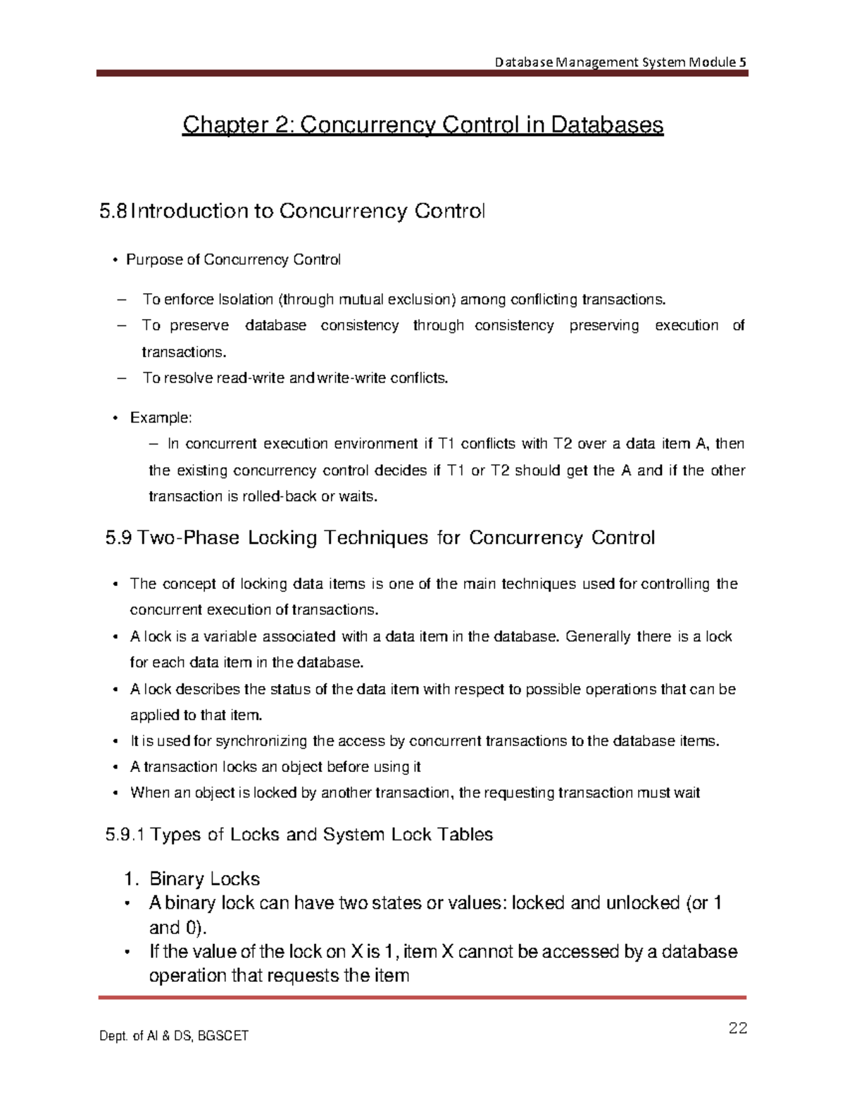 Database Management System (AI DS) Module 5: Concurrency Control Techniques - Studocu